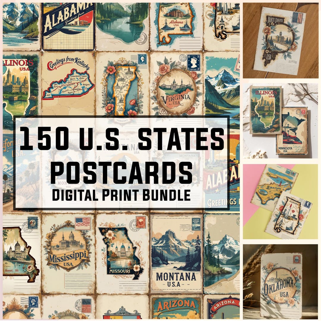 Set of Vintage US Postcards, All 50 States Postcard Prints, State ...