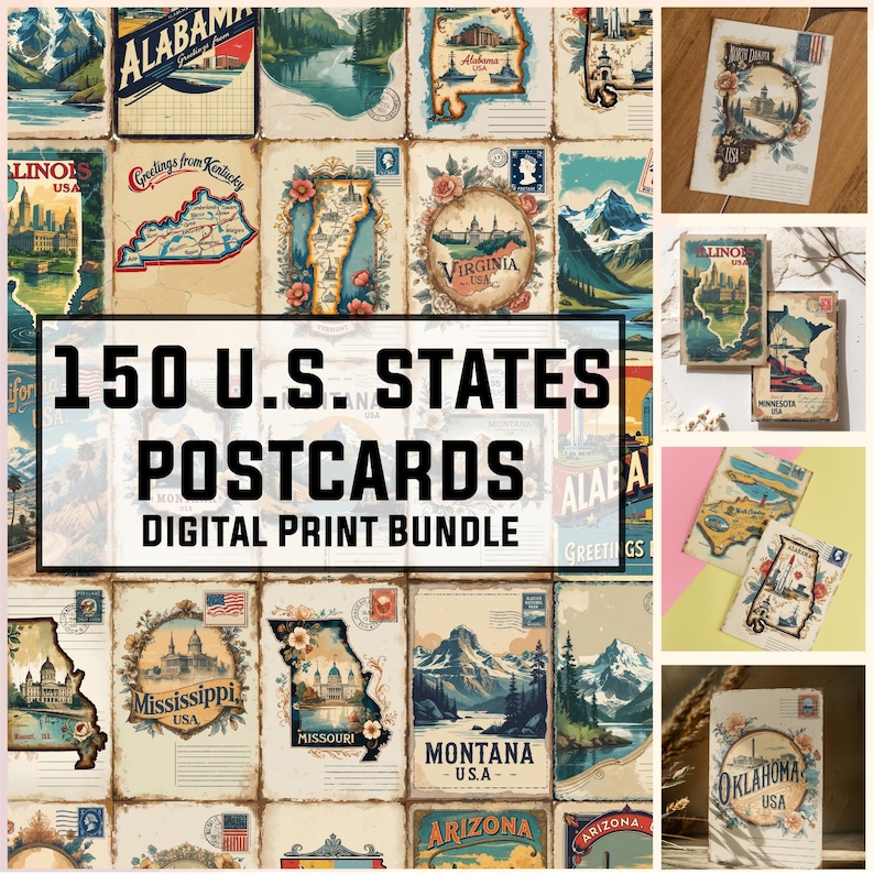 Set of US Postcards, All 50 States Postcard Set, State Silhouettes ...