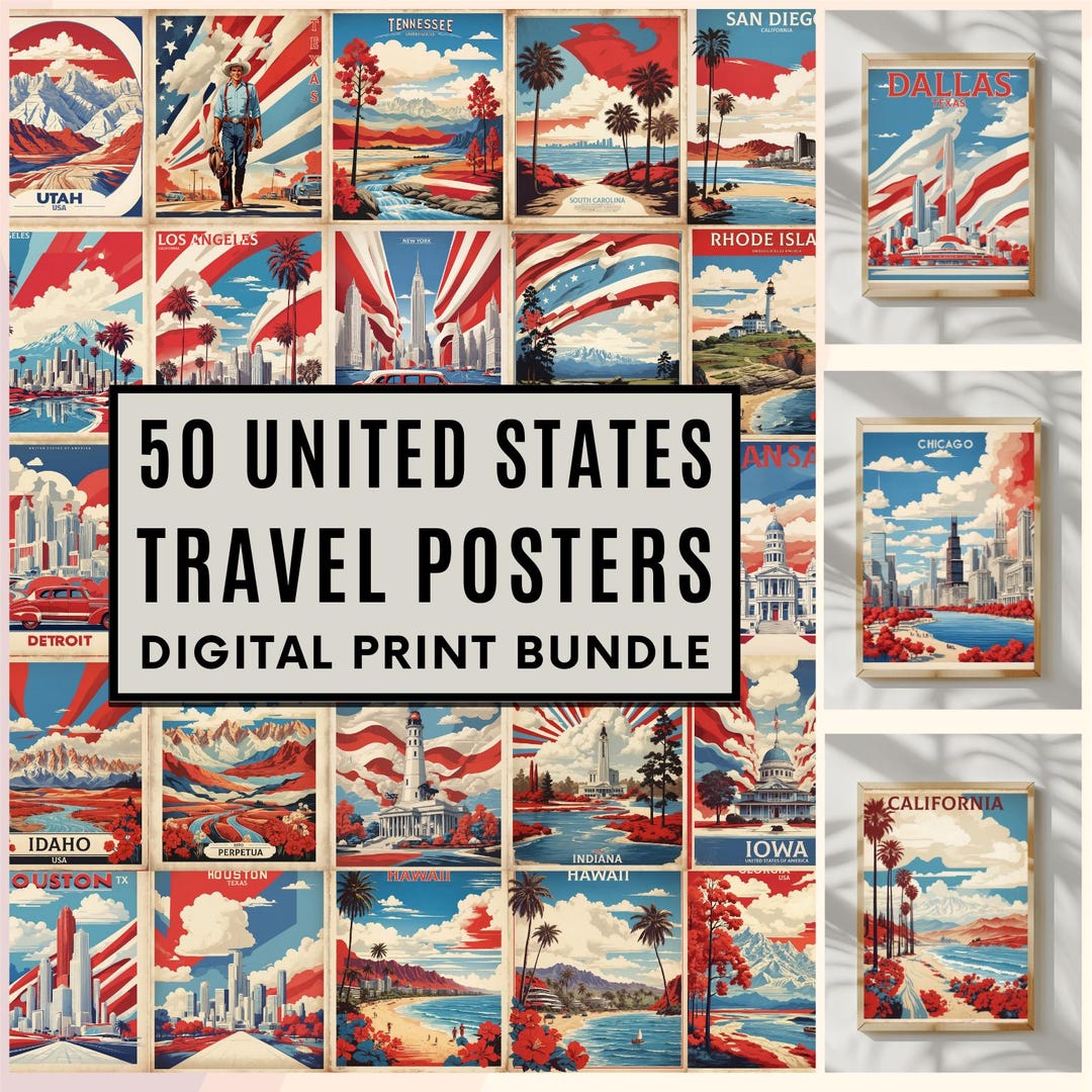 50 USA Vintage Travel Posters, United States Wall Art, Vintage Poster ...
