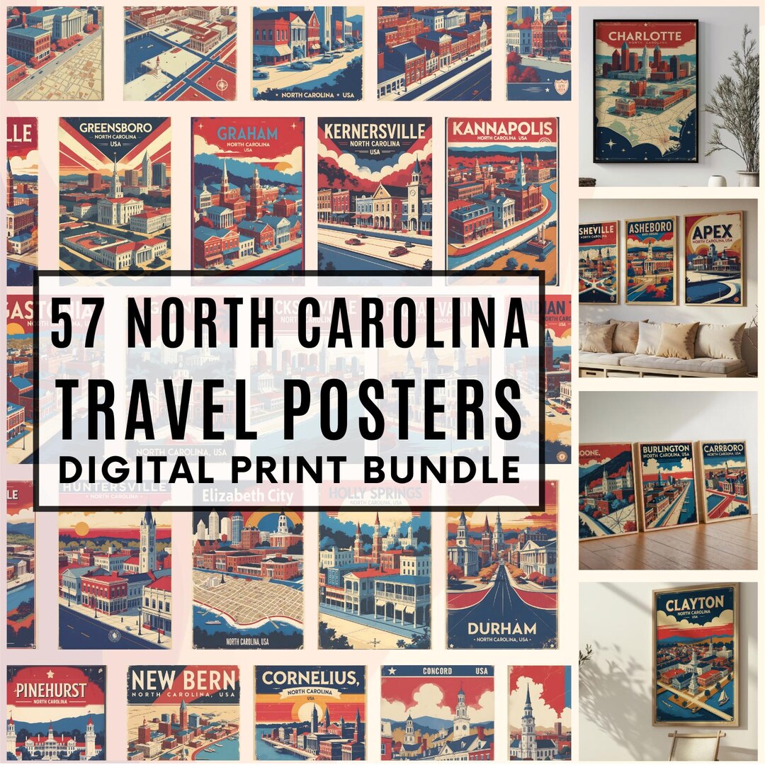 Vintage North Carolina Travel Poster Set: 57 City Prints (digital ...
