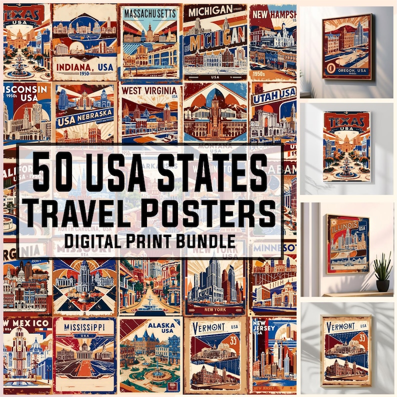 All 50 States US Vintage Travel Prints, SVG, PDF, Usa Wall Art, Vintage ...