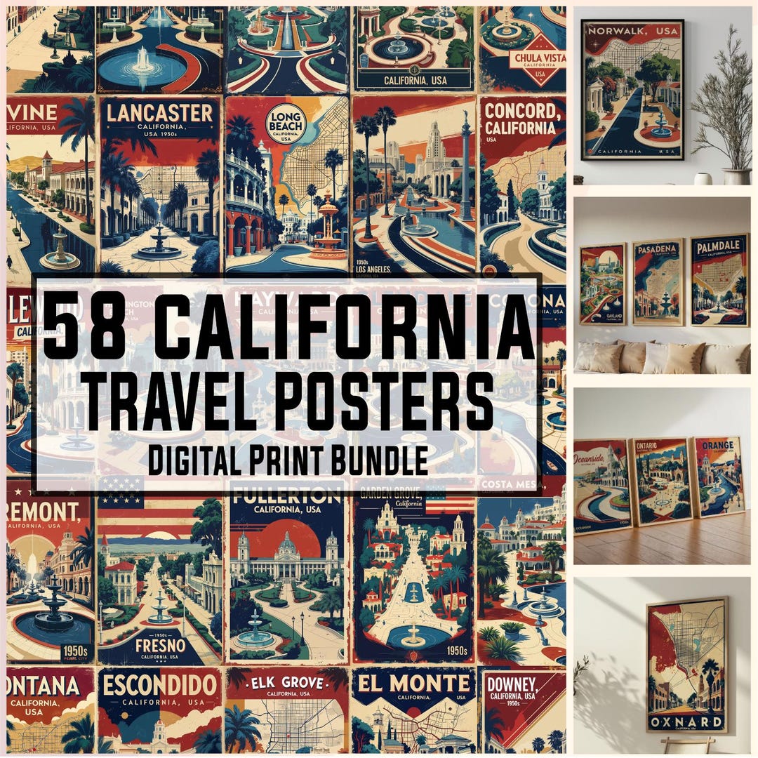 Vintage California Travel Poster Set: 58 City Prints (digital Download ...