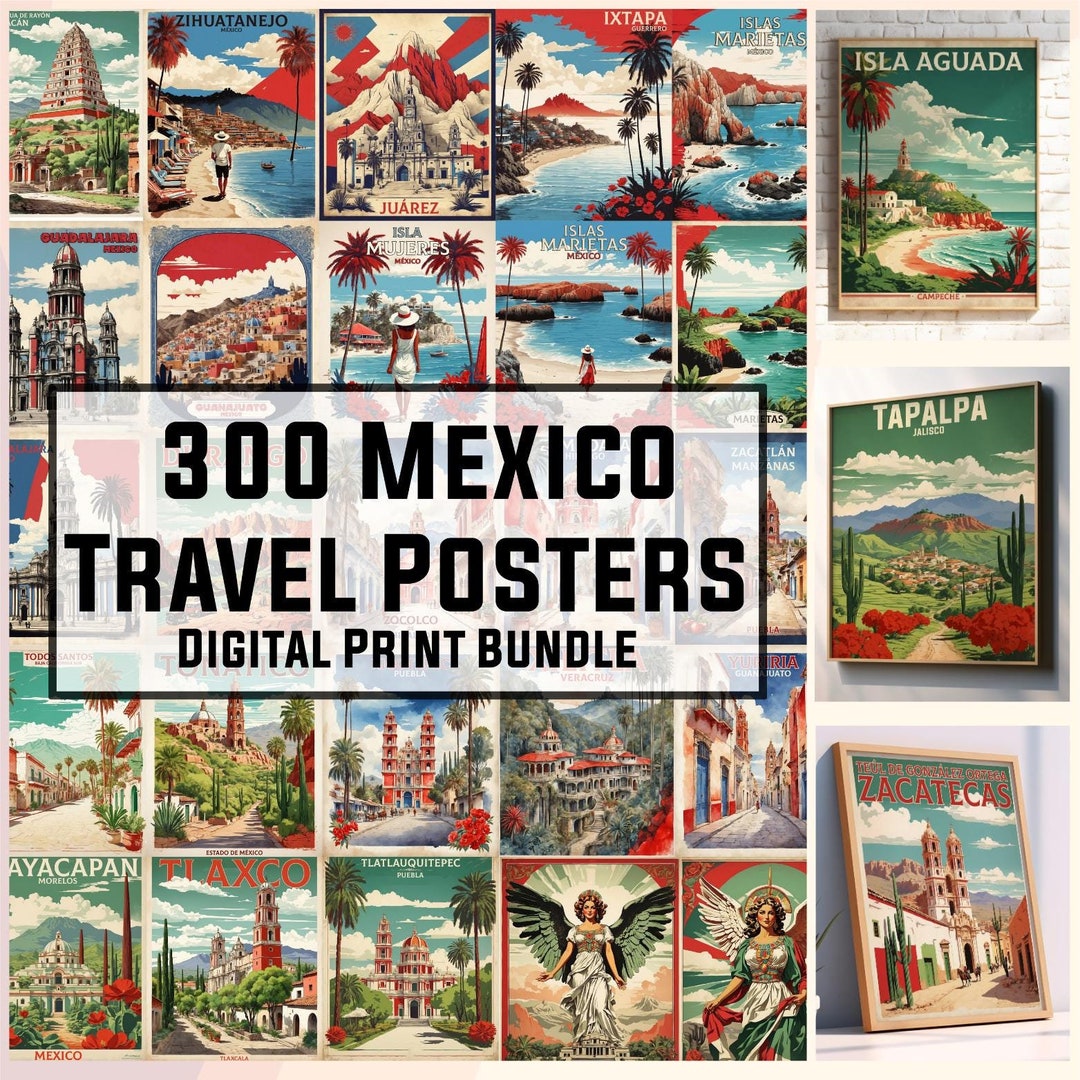 300 Mexico Vintage Travel Posters, Mexico Wall Art, Vintage Poster ...