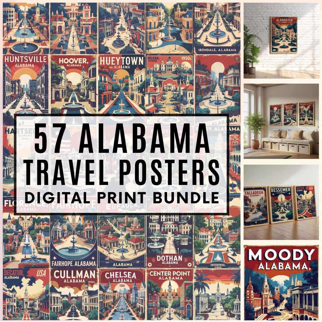 Vintage Alabama Travel Poster Set – 57 City Prints | Digital Wall Art ...