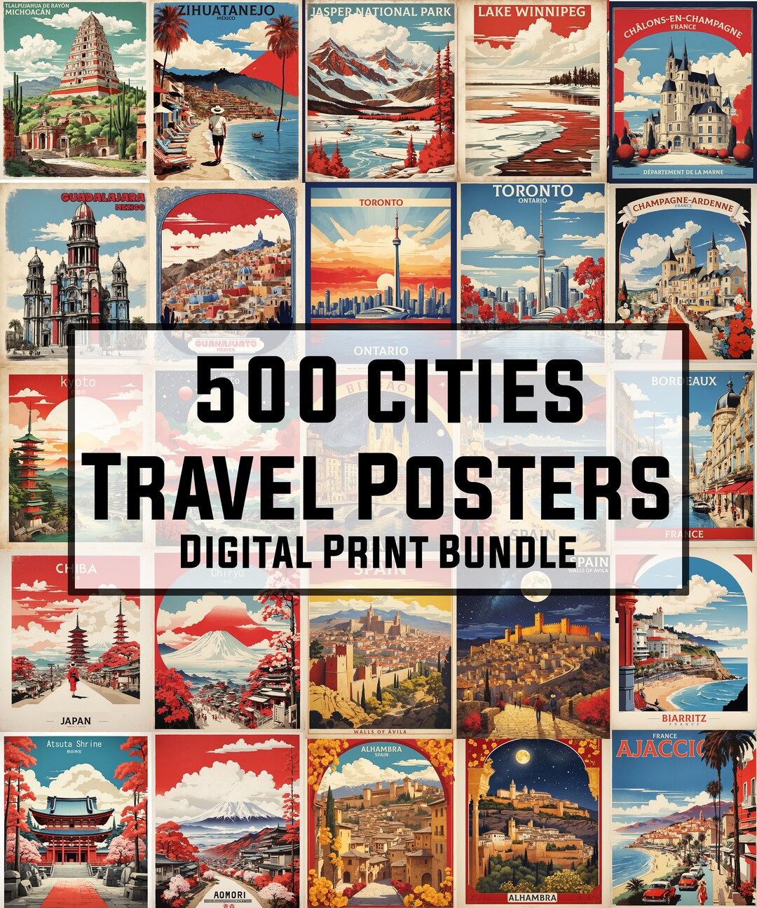 MEGA PACK of 500 Travel Vintage City Posters, Mexico, France, Japan ...