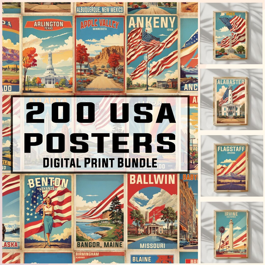 200 America Vintage Travel Posters, United States Wall Art, SVG, JPEG ...