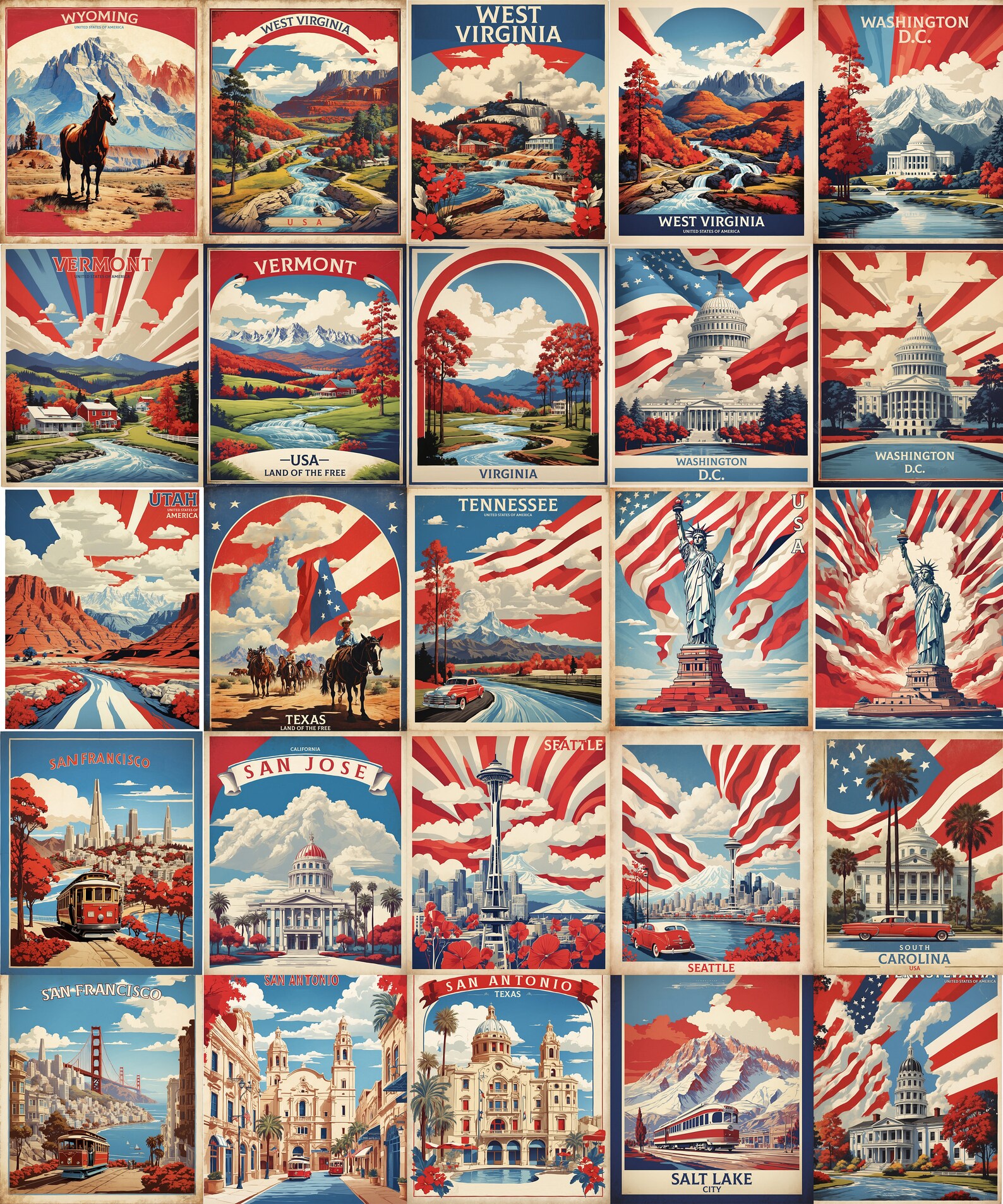 50 USA Vintage Travel Posters, United States Wall Art, Vintage Poster ...