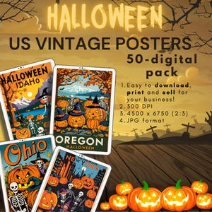 50 USA Halloween Travel Poster Bundle Collection, United States Wall ...