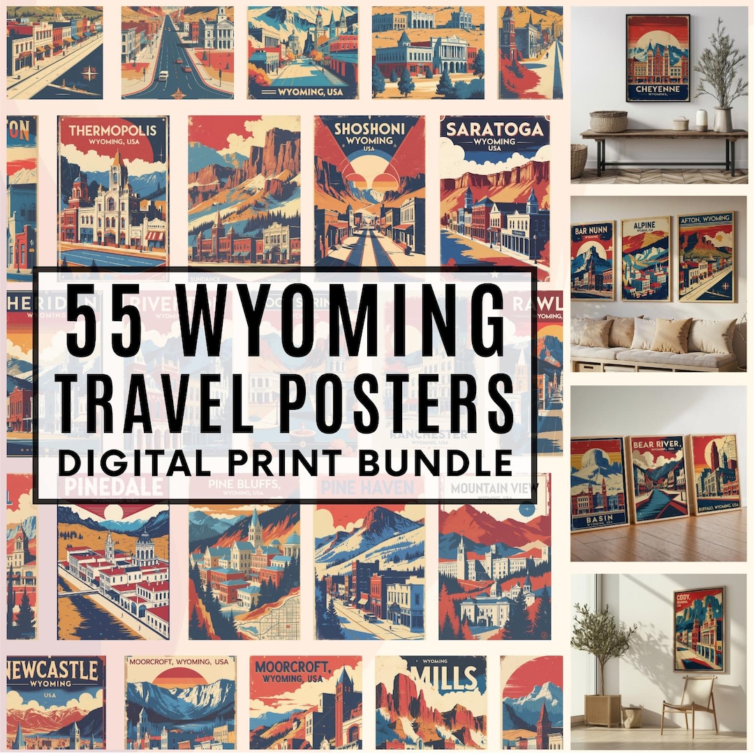 Vintage Wyoming Travel Poster Set: 55 City Prints, Commercial Use ...