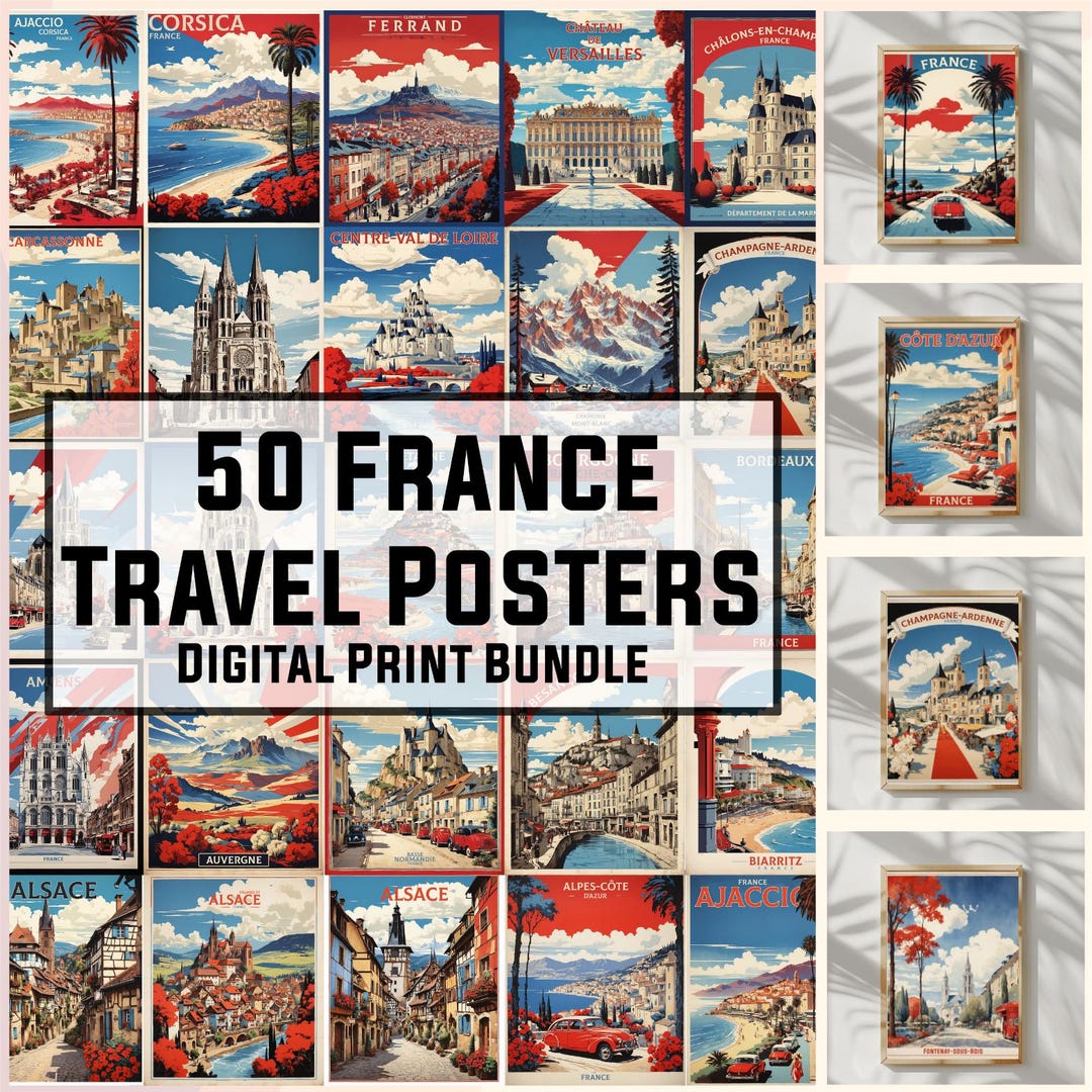 50 France Vintage Travel Posters, French Wall Art, Vintage Poster, USA ...