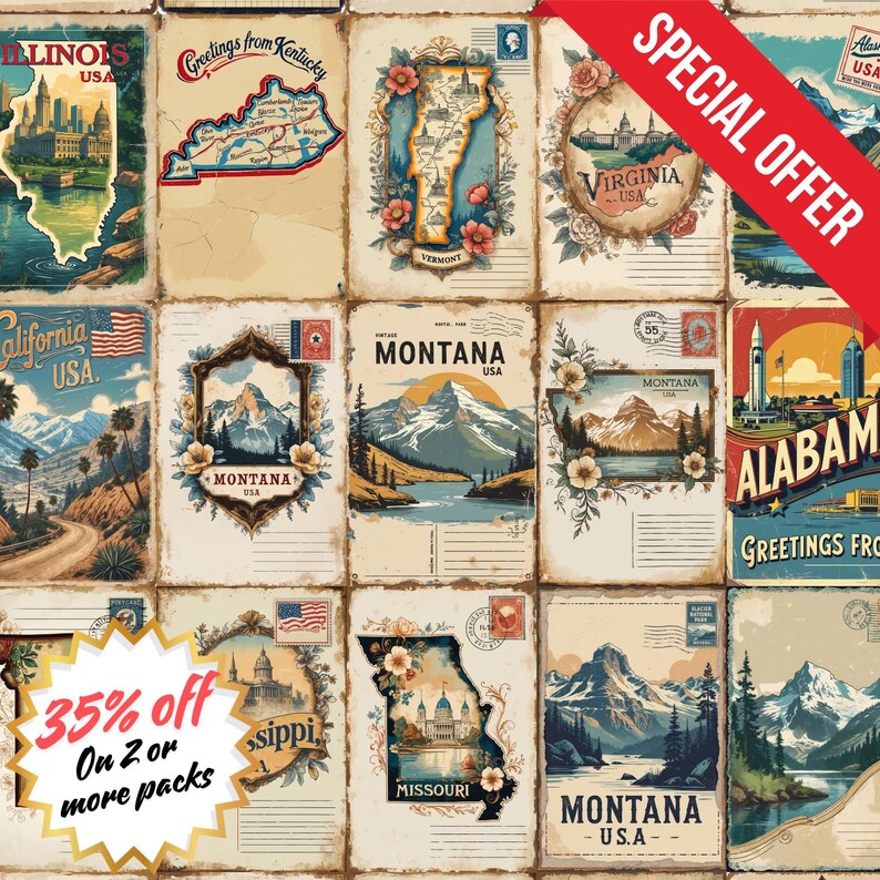 Set of Vintage US Postcards, All 50 States Postcard SVG, PDF Prints ...