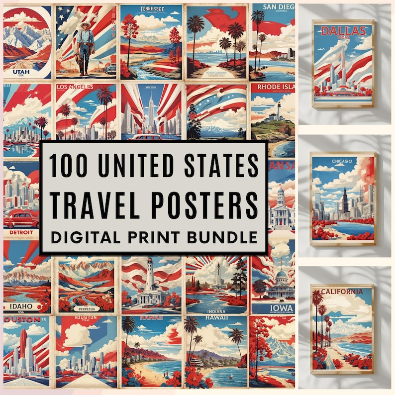100 USA Vintage Travel Posters, United States Wall Art, Vintage Poster ...