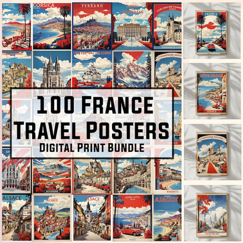 100 France Vintage Travel Posters, French Wall Art, Vintage Poster, France Souvenir, France ...