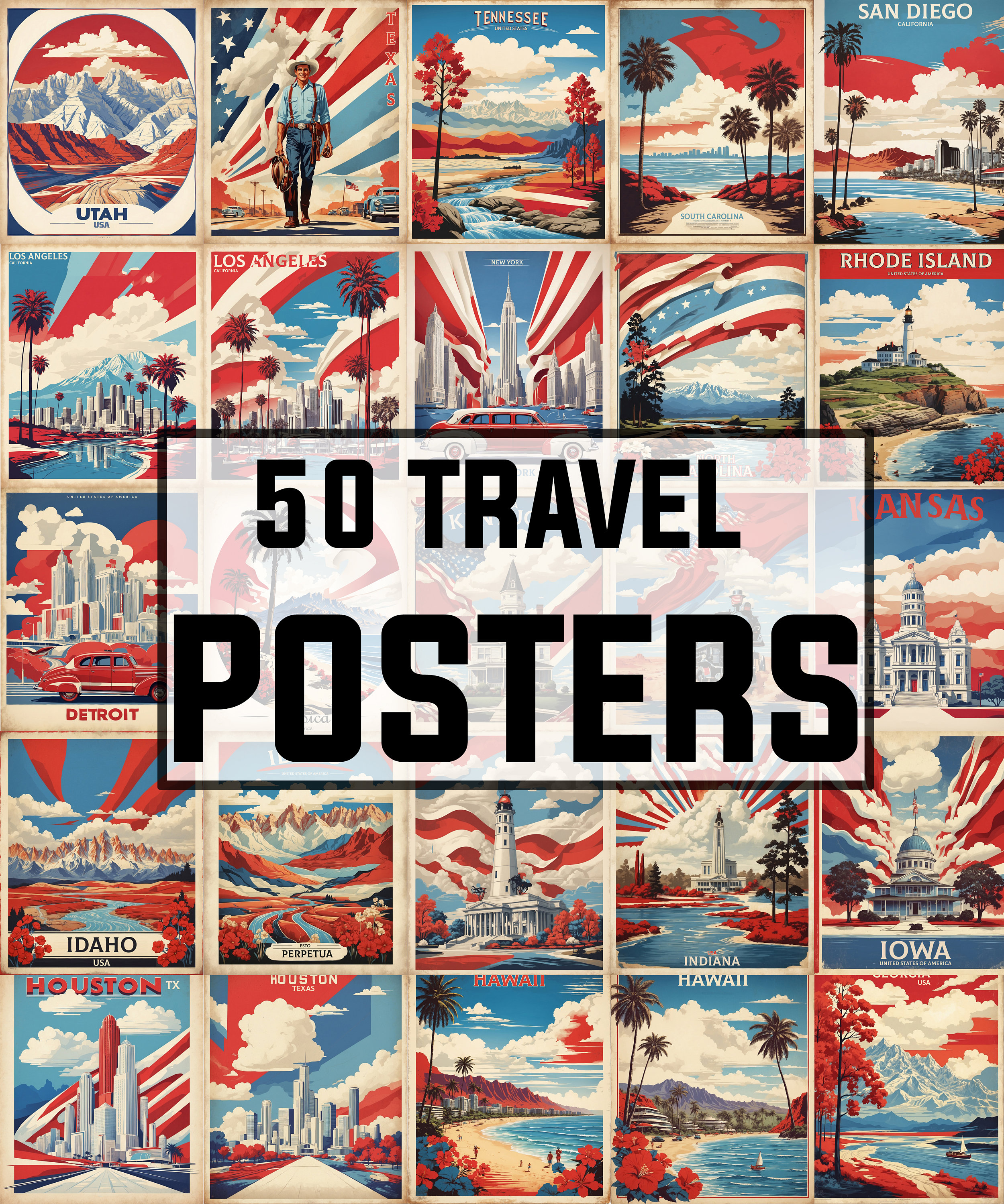 50 USA Vintage Travel Posters, United States Wall Art, Vintage Poster ...