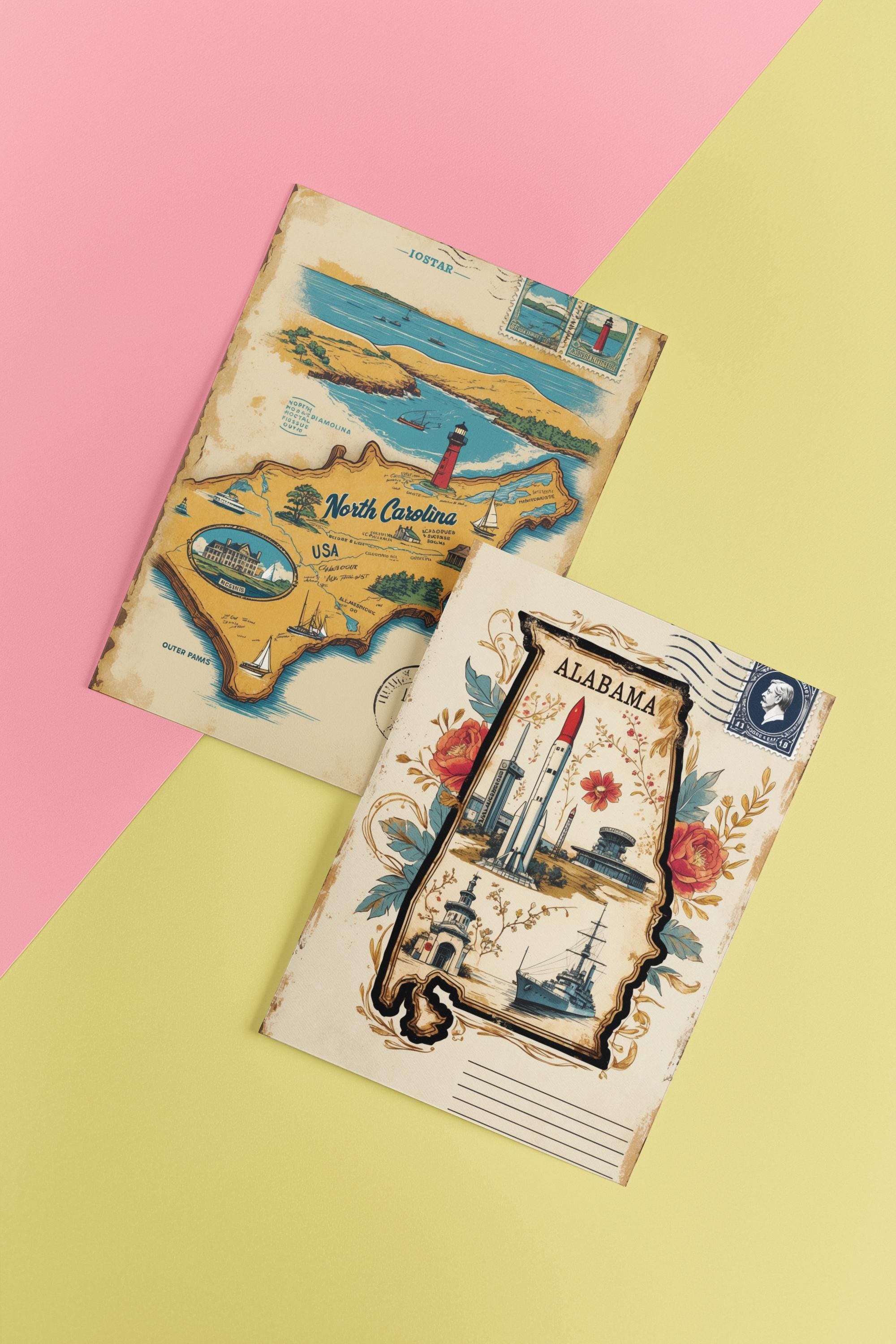 Set of US Postcards, All 50 States Postcard Set, State Silhouettes ...