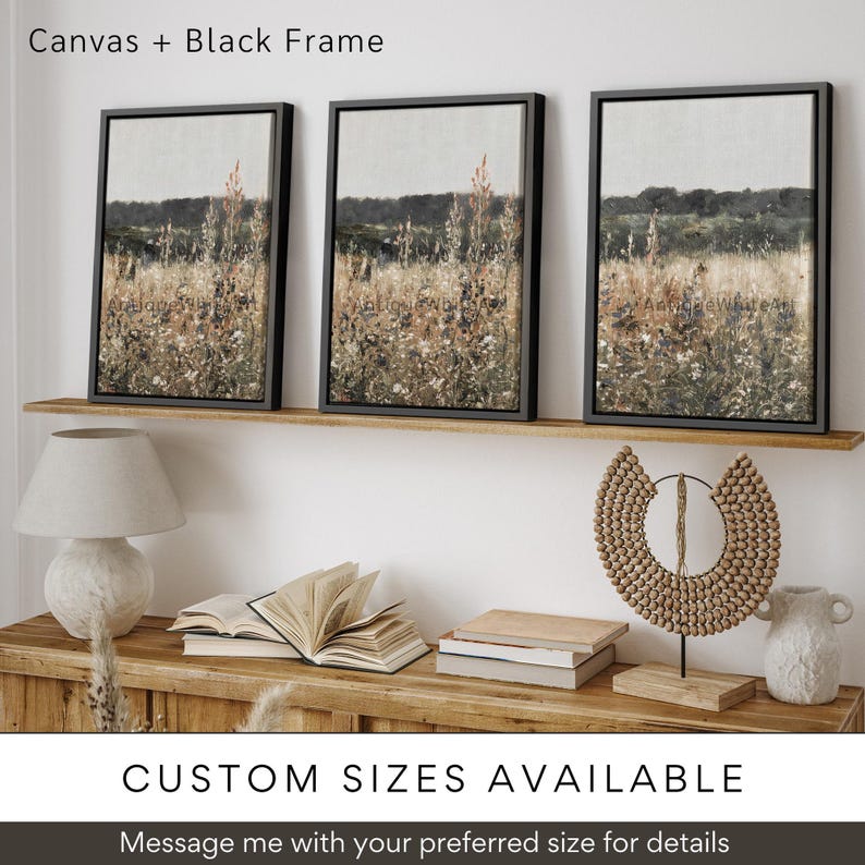 3 Piece Set, Wildflower Field Painting, Large Canvas Wall Art, Neutral ...