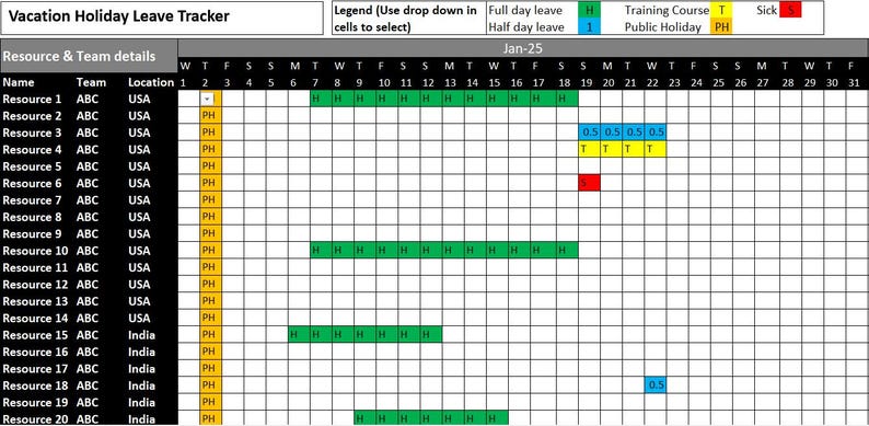 Vacation Holiday Tracker 2026 Employee Annual Leave Tracker Staff ...