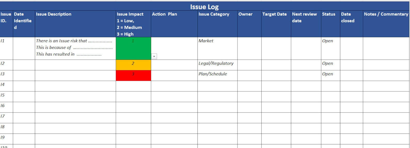 Project RAID Risk Issue Dependency Assumption Log Tool excel - Etsy