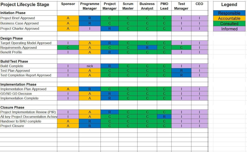 RACI Project Matrix Template (excel) PMI APM PRINCE2 Project Roles ...