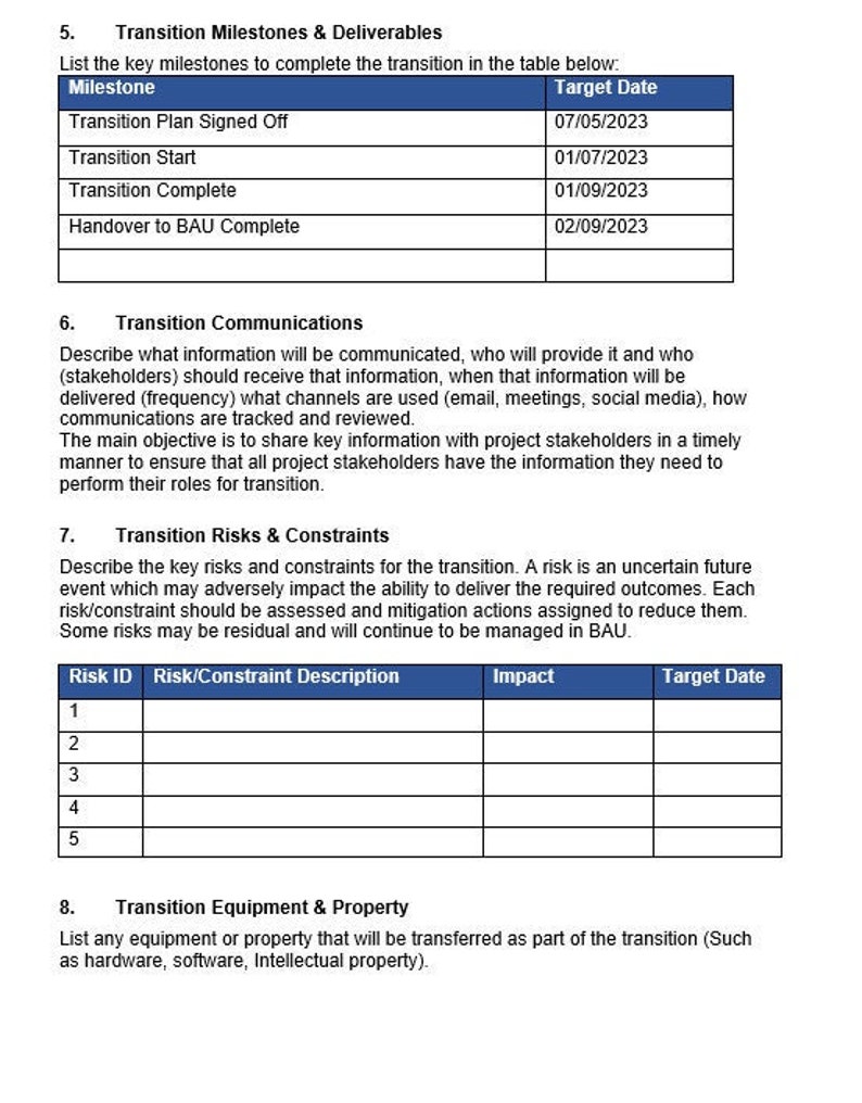 Project Transition Plan (word) PMI APM PRINCE2 - Etsy