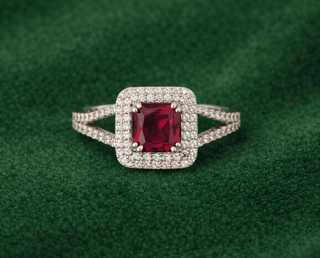 Square Cut Ruby Halo Ring • Vintage 925 Sterling Silver Engagement Ring ...