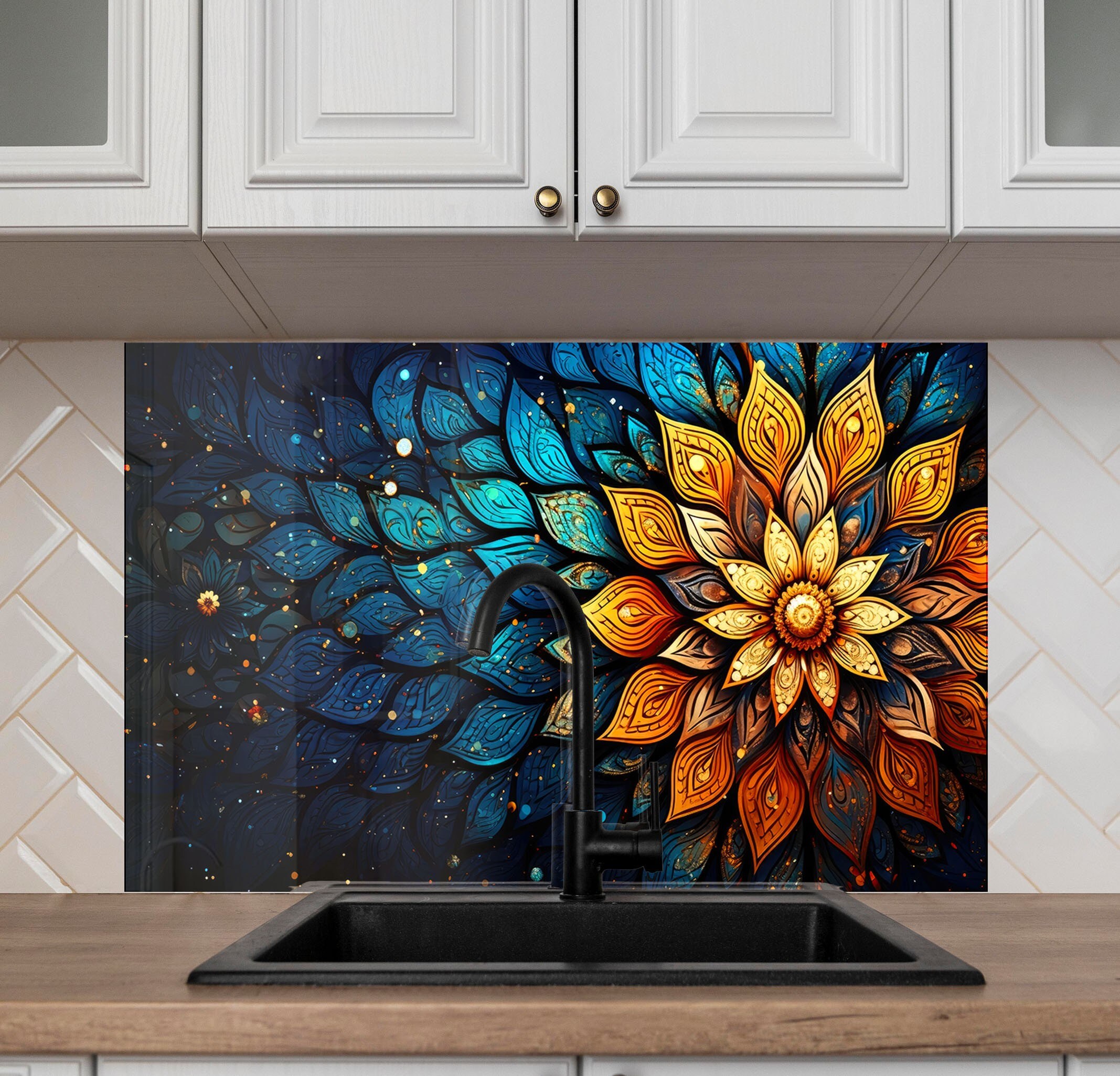 Tempered Glass Backsplash-stained Flower Backsplash Tiles-stove ...