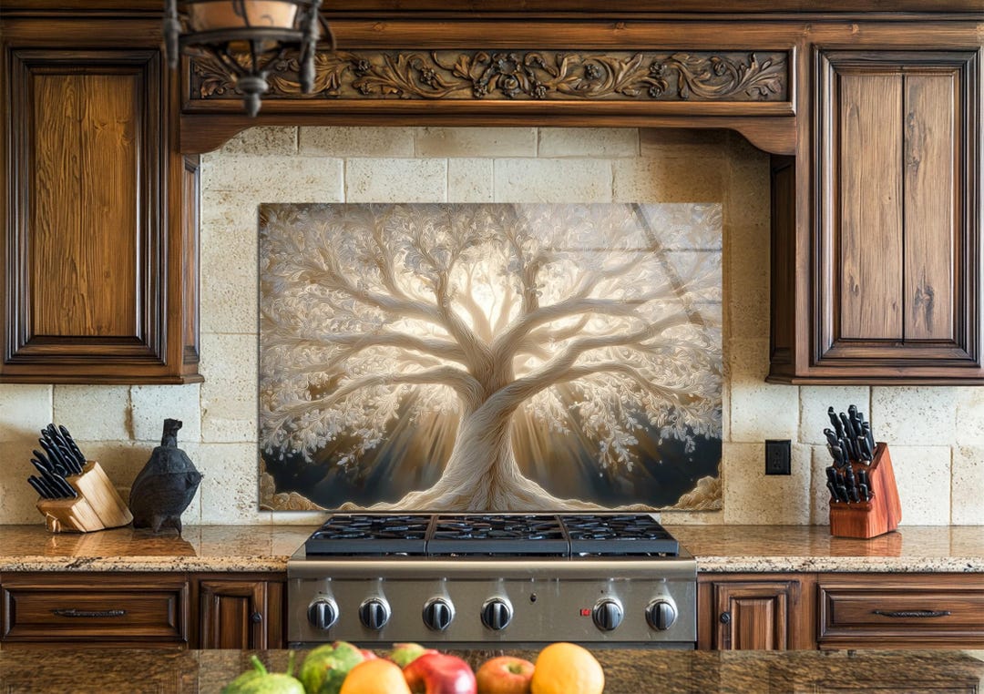 Radiant White Tree of Life Tile, Life of Tree Tempered Glass Backsplash ...