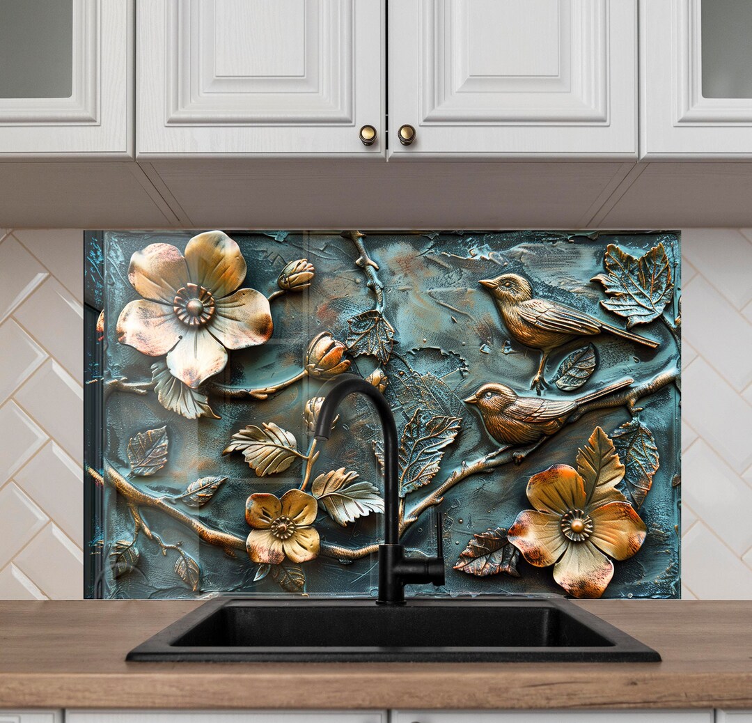 Tempered Glass Backsplash-flower Backsplash S-birds Backsplash-birds ...