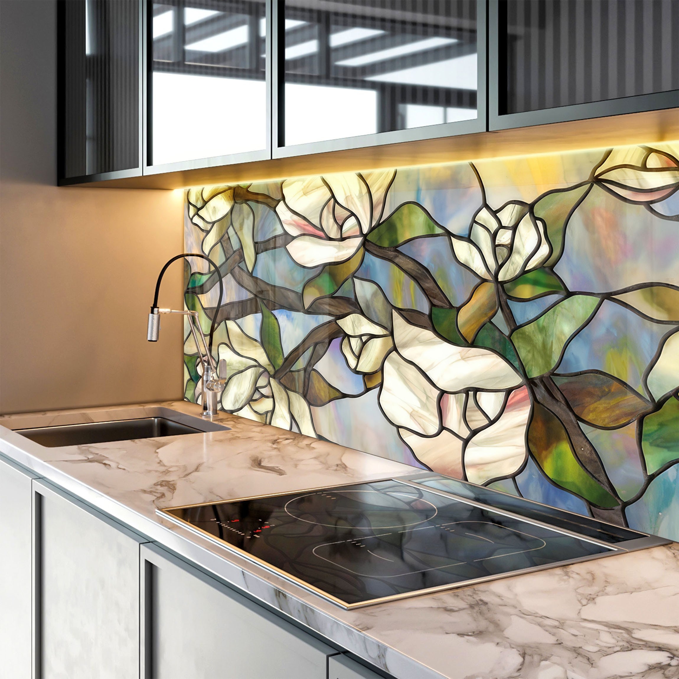 Tempered Glass Backsplash Tile-stained Flower Backsplash Tiles-floral ...