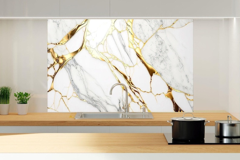 White Gold Marble Tempered Glass Kitchen Backsplash & Splashback – Luxury Stone Look Stove Cover ...