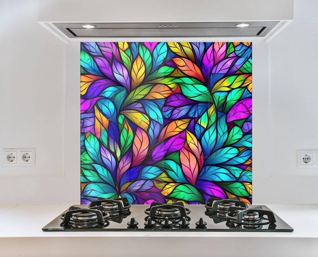 Colorful Leaves Tempered Glass Kitchen Backsplash, Stained Splashback ...