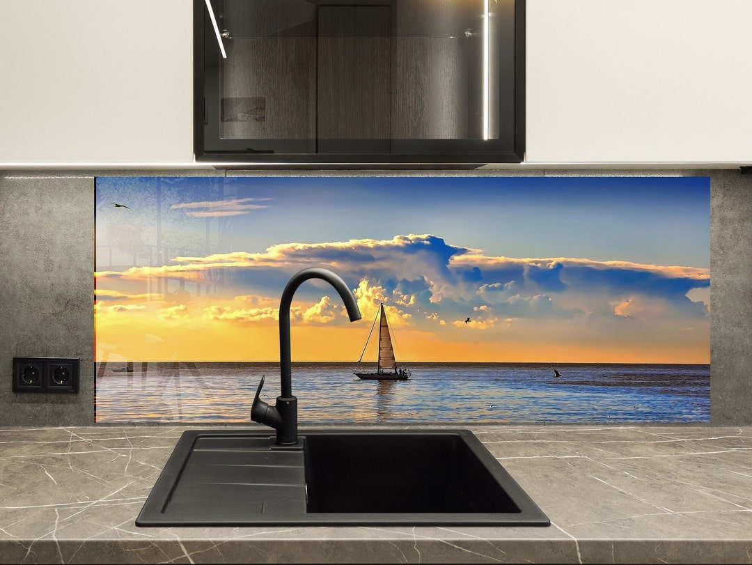 Tempered Glass Sunset Backsplash Design-cooker Wall Backsplash Panel ...