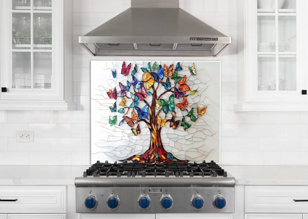 Colorful Butterfly Tree Tempered Glass Kitchen Backsplash – Unique ...
