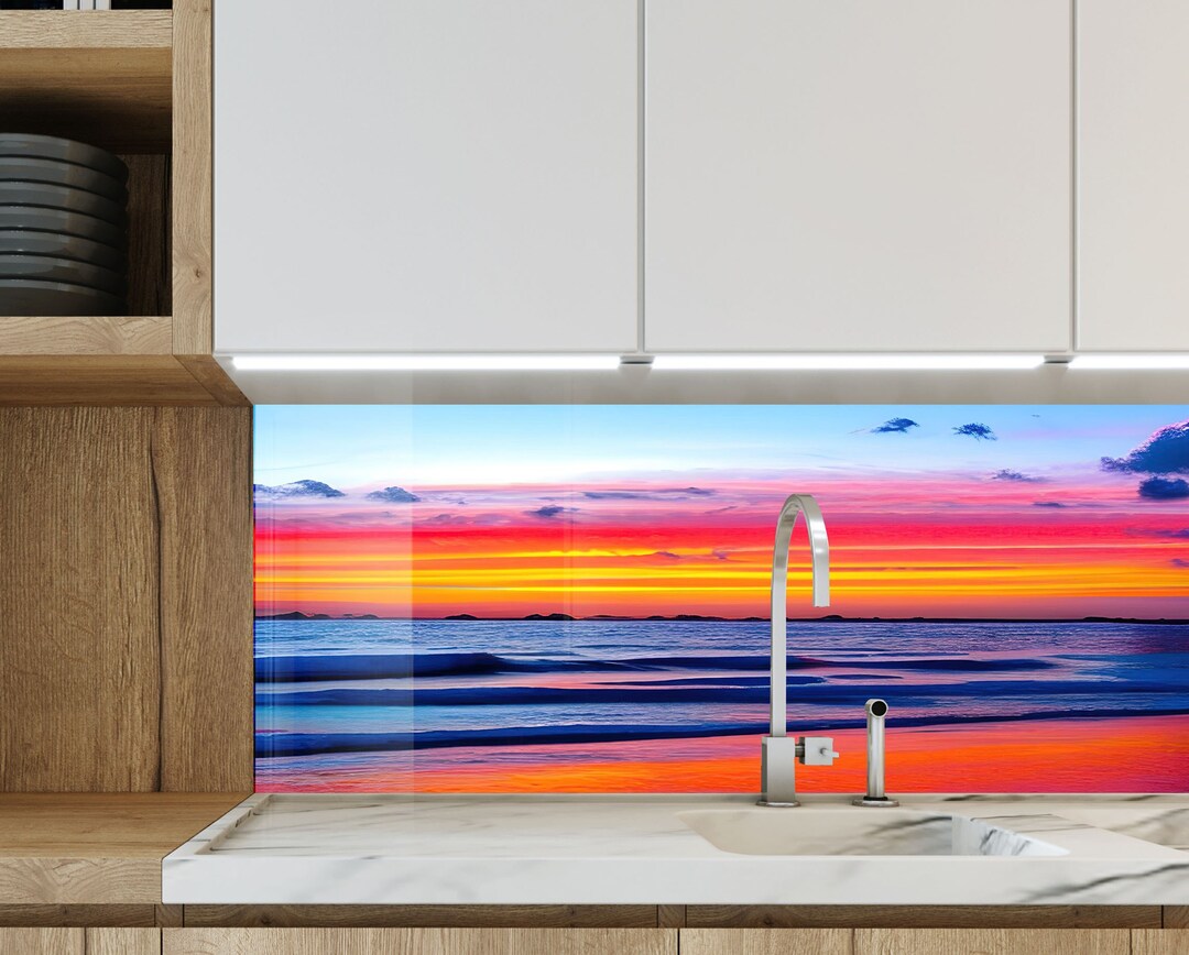 Tempered Glass Sunset Backsplash Design-cooker Wall Backsplash Panel-glass Splashback for ...