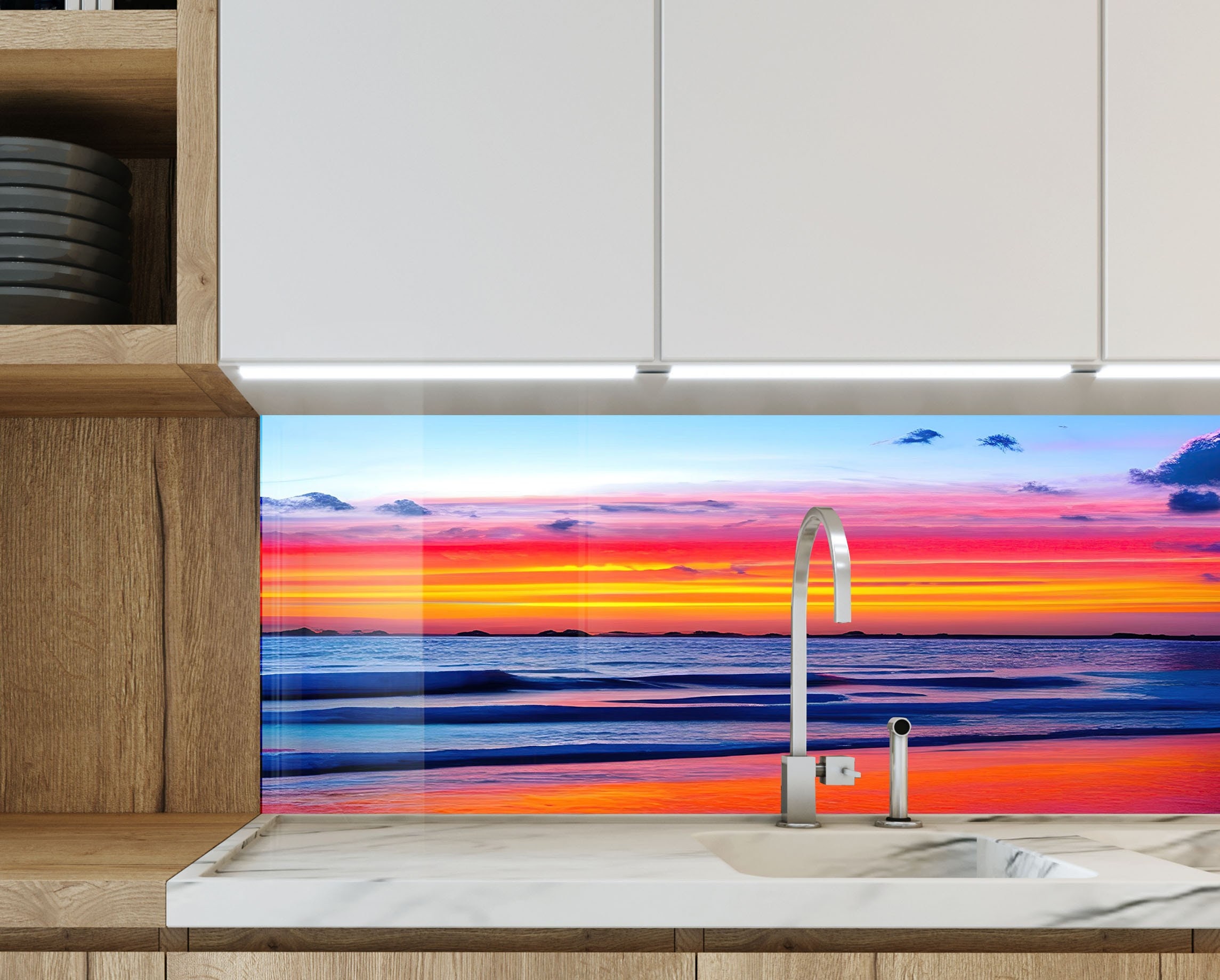 Tempered Glass Sunset Backsplash Design-cooker Wall Backsplash Panel ...