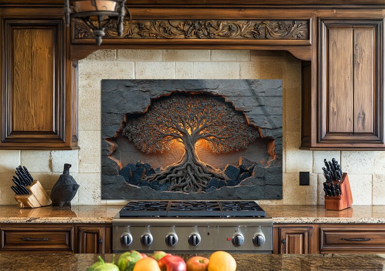 Copper Tree of Life Glass Backsplash Tile , Rustic Tempered Glass ...