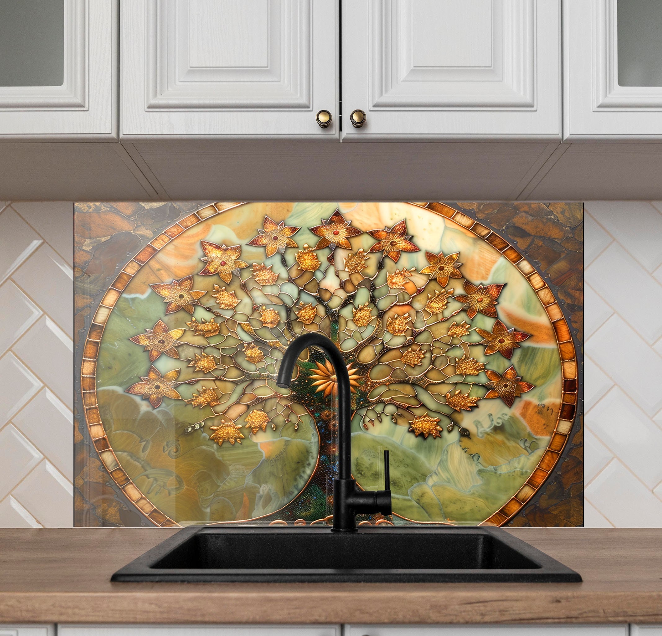 Tempered Glass Backsplash-life of Tree Backsplash Tiles-metal ...