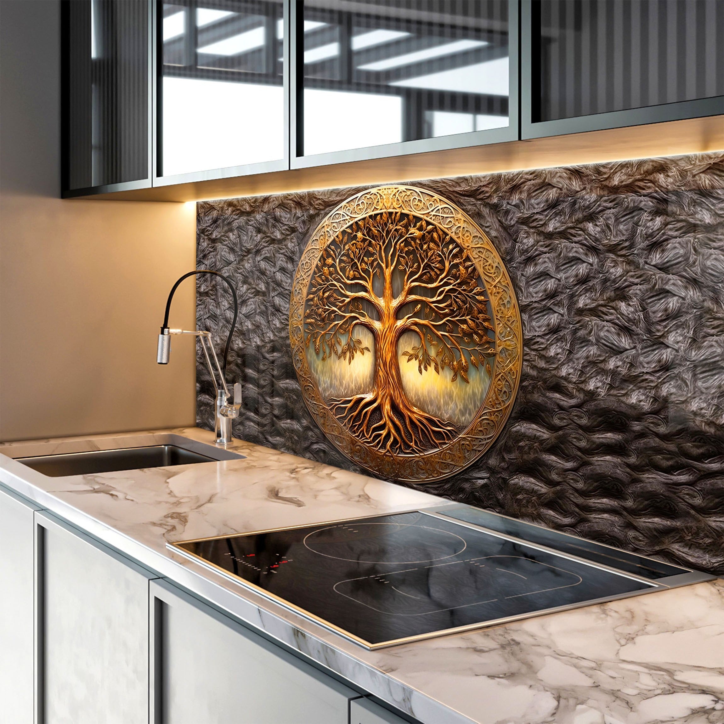 Tempered Glass Backsplash-life of Tree Backsplash Tiles-metal ...