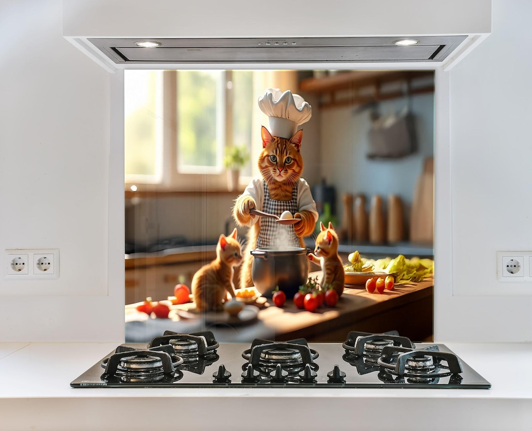 Chef Cat Family Kitchen Backsplash – Cute Cats Cooking Together Printed ...