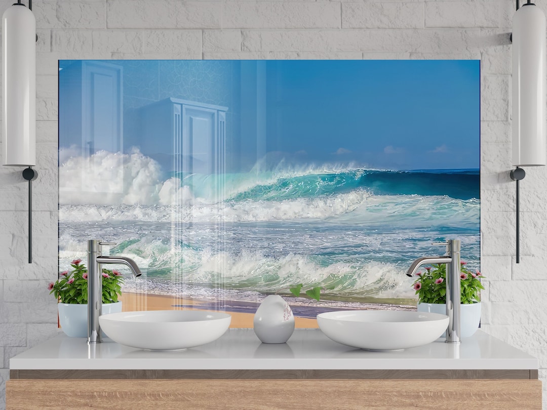 Tempered Glass Backsplash Tropical Backsplash Tiles-ocean Waves ...