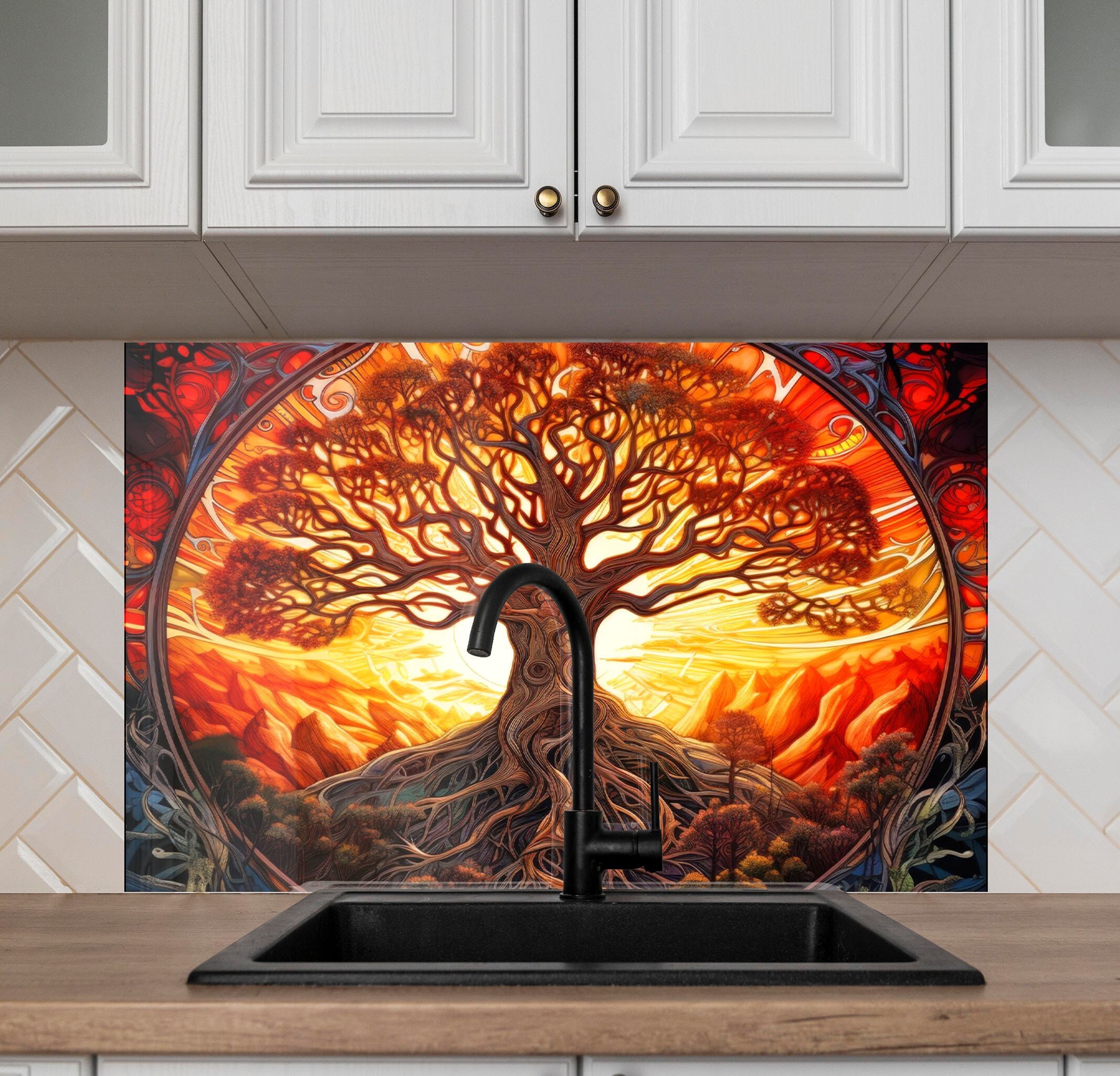 Tempered Glass Backsplash Stained Tree Backsplash Tiles-stove ...