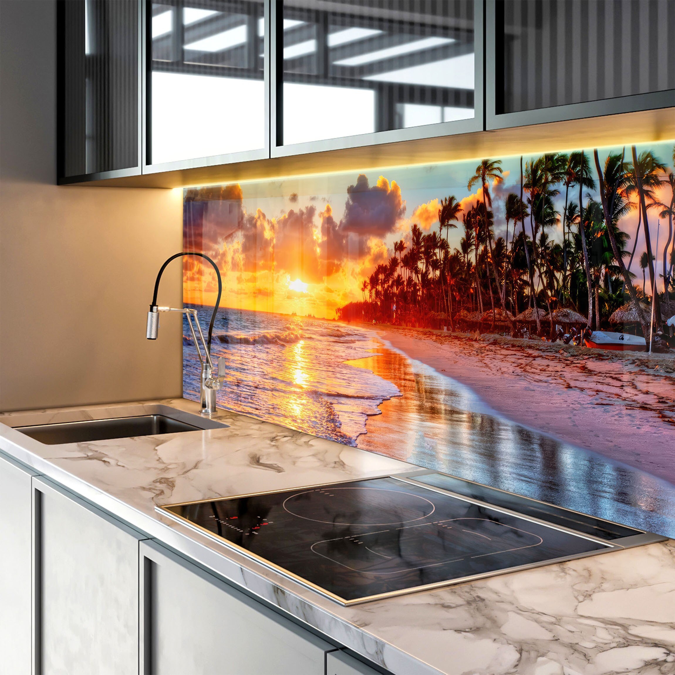 Tropical Backsplash Tile Tempered Glass Wall Protection-kitchen ...