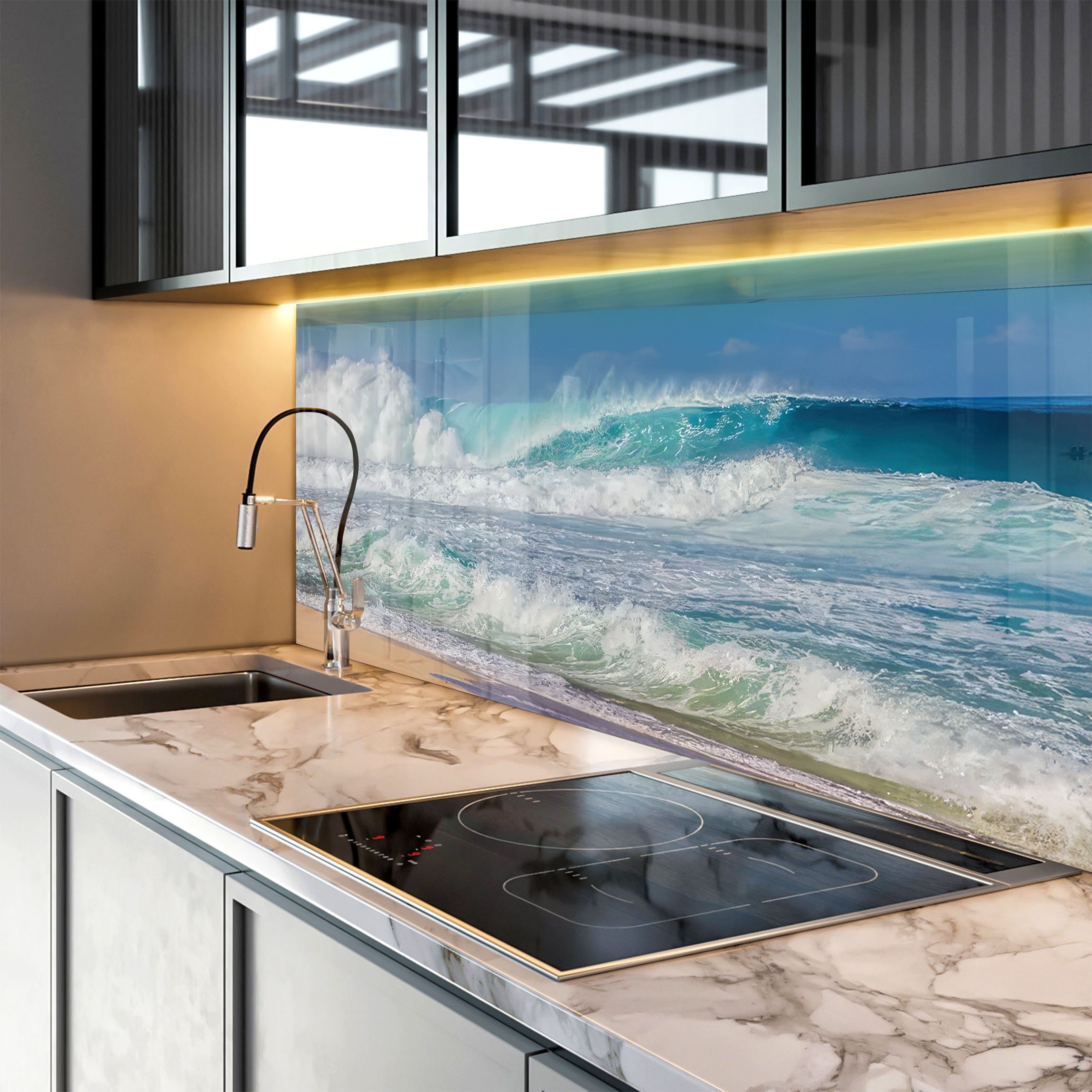 Tempered Glass Backsplash Tropical Backsplash Tiles-ocean Waves ...