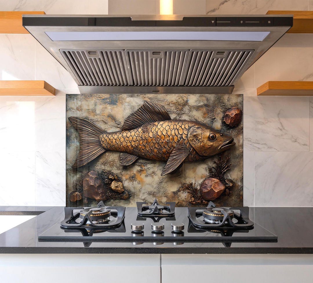 Fossil Fish Tempered Glass Kitchen Backsplash, Stone Relief Rustic ...