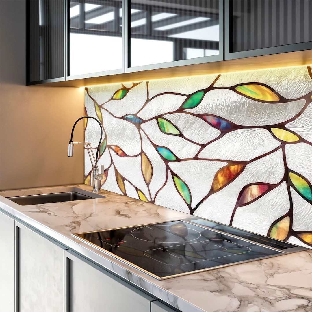 Botanical Stained Glass Style Leaf Tempered Glass Backsplash, Kitchen ...