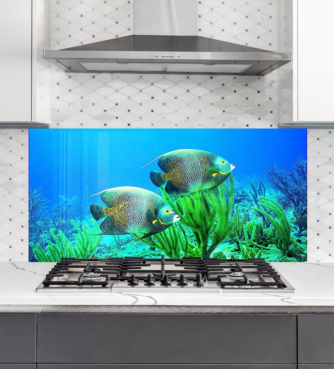 Underwater Fish Tempered Glass Kitchen Backsplash, Aquarium Blue Stove ...