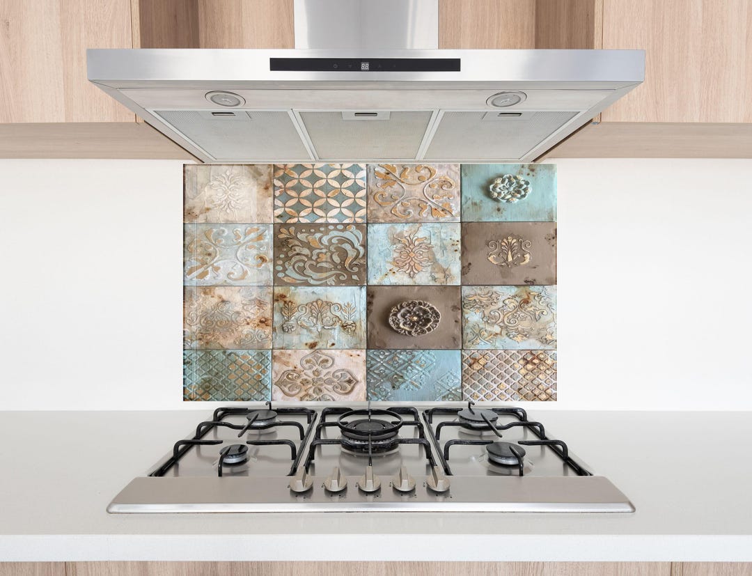 Vintage Patchwork Tempered Glass Kitchen Backsplash – Decorative Tile ...