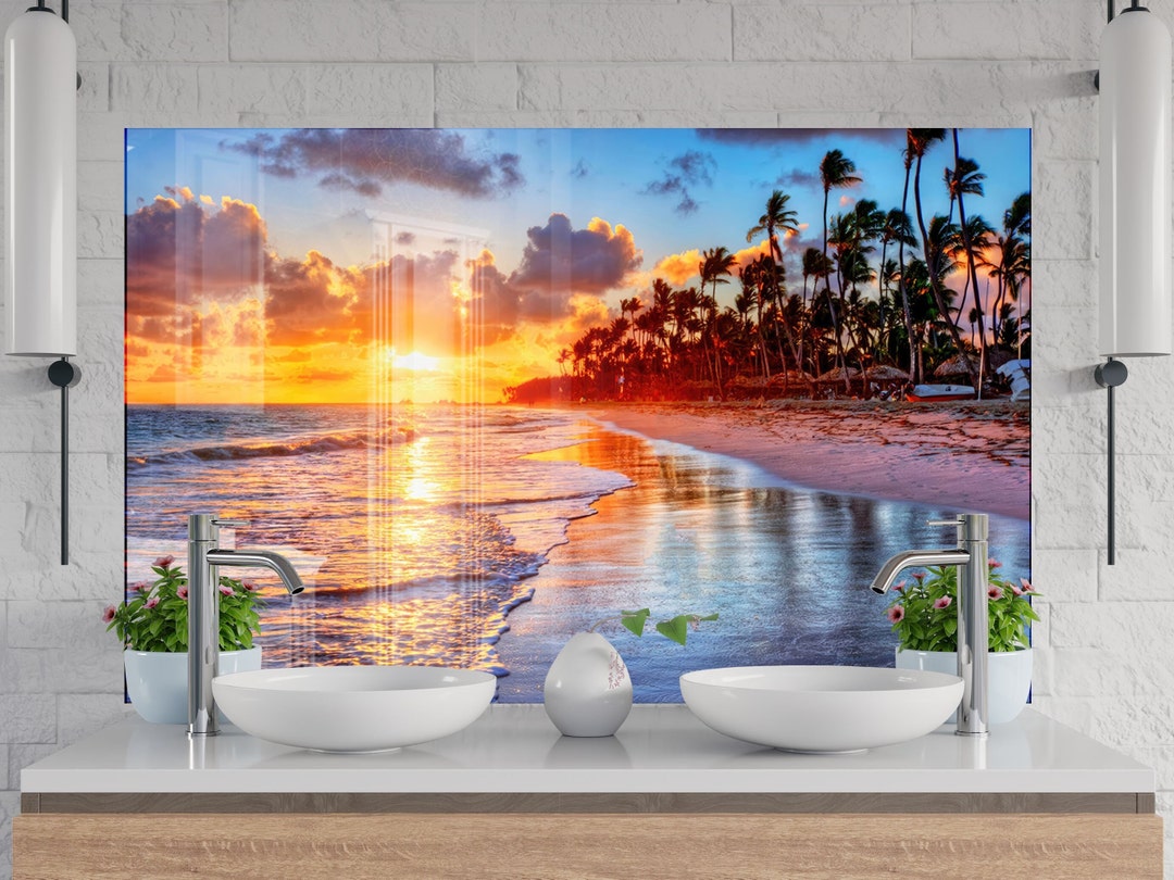 Tropical Backsplash Tile Tempered Glass Wall Protection-kitchen ...