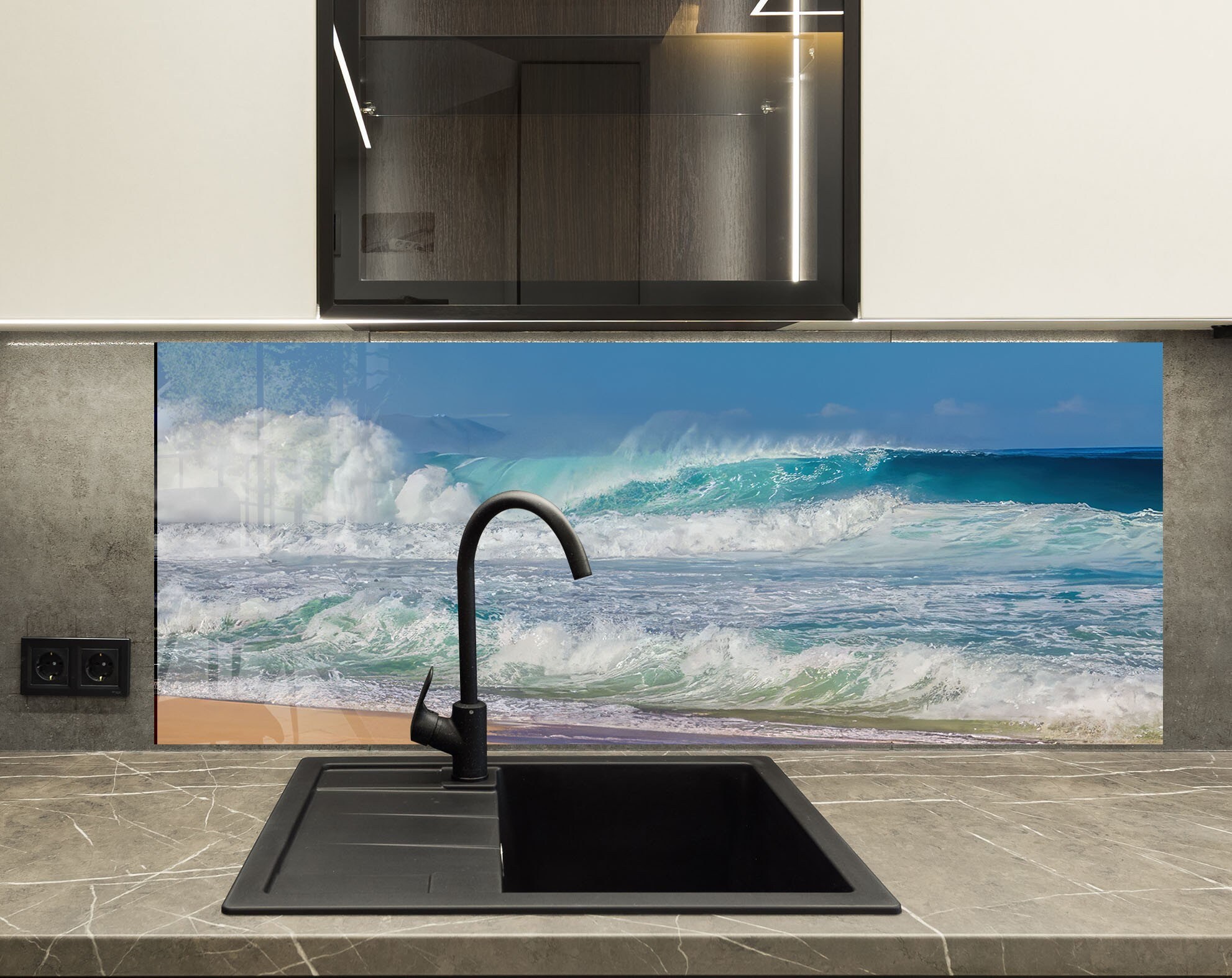 Tempered Glass Backsplash Tropical Backsplash Tiles-ocean Waves ...