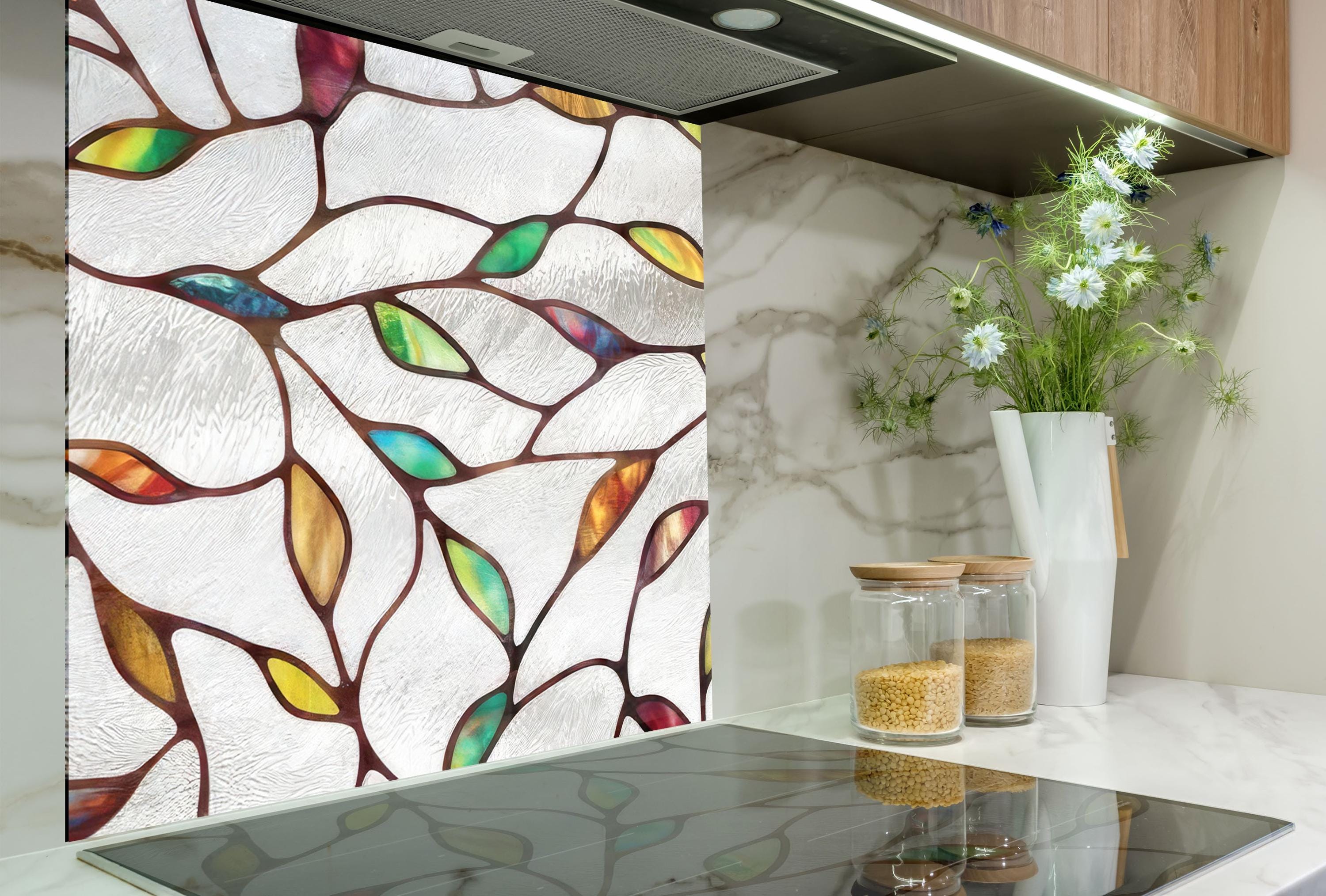 Botanical Stained Glass Style Leaf Tempered Glass Backsplash, Kitchen ...